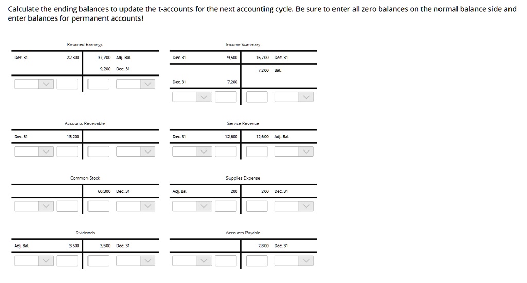 SOLVED: Calculate the ending balances to update the T-accounts for the next accounting cycle. Be ...