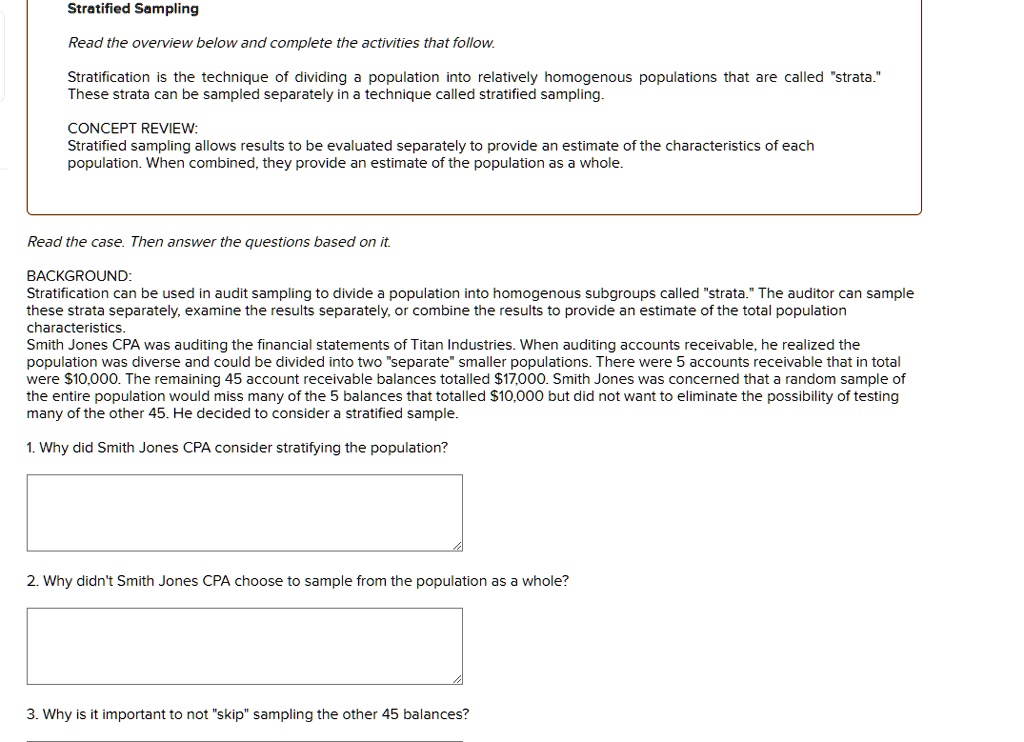stratified sampling read the overview below and complete the activities ...