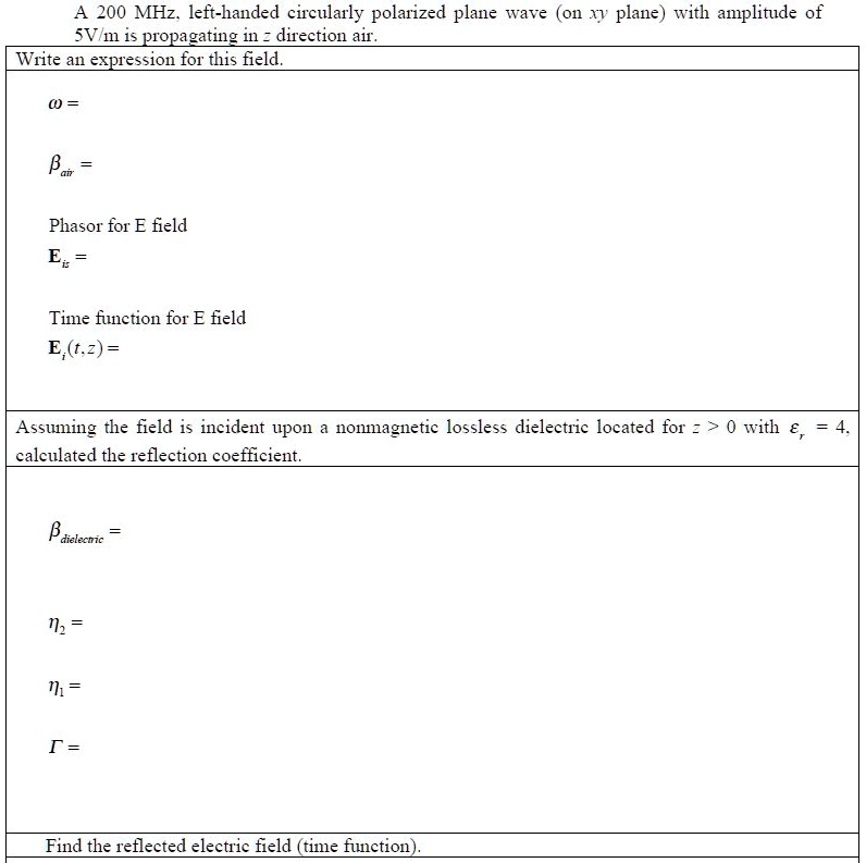SOLVED: A 200 MHz, left-handed circularly polarized plane wave (on xy plane with amplitude of 5V ...