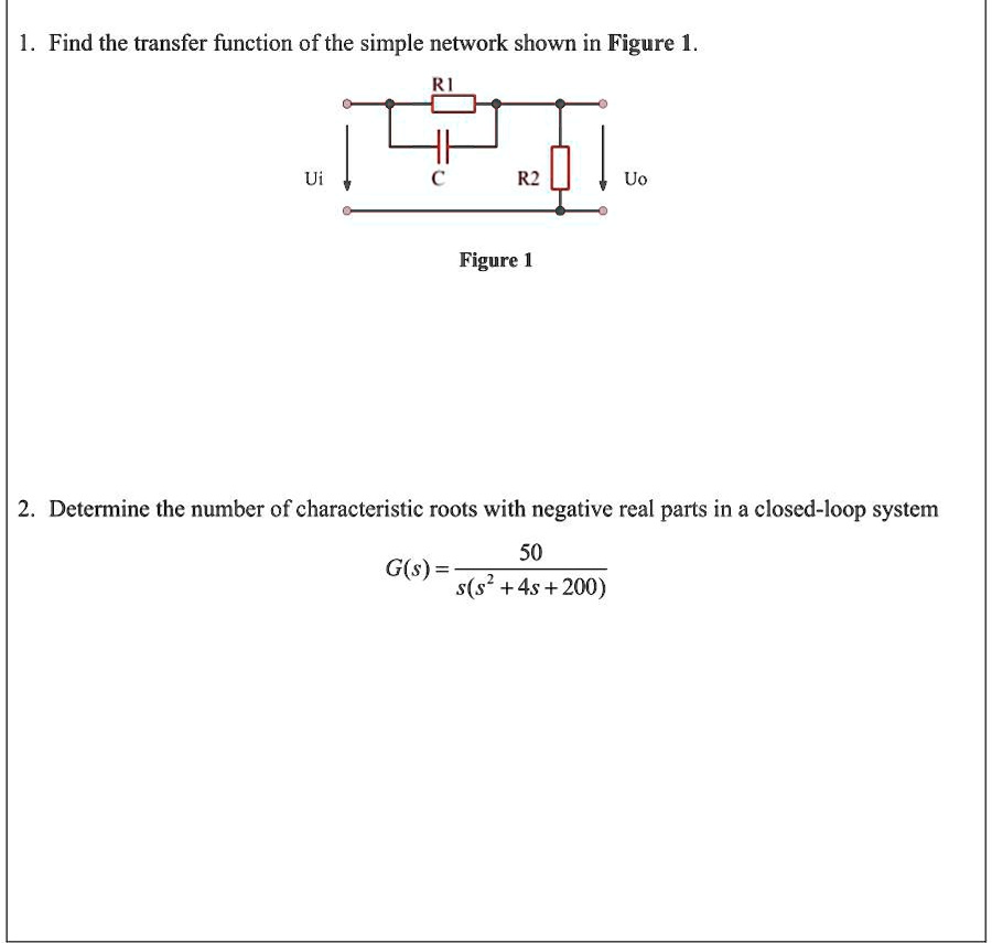 SOLVED: Find the transfer function of the simple network shown in ...