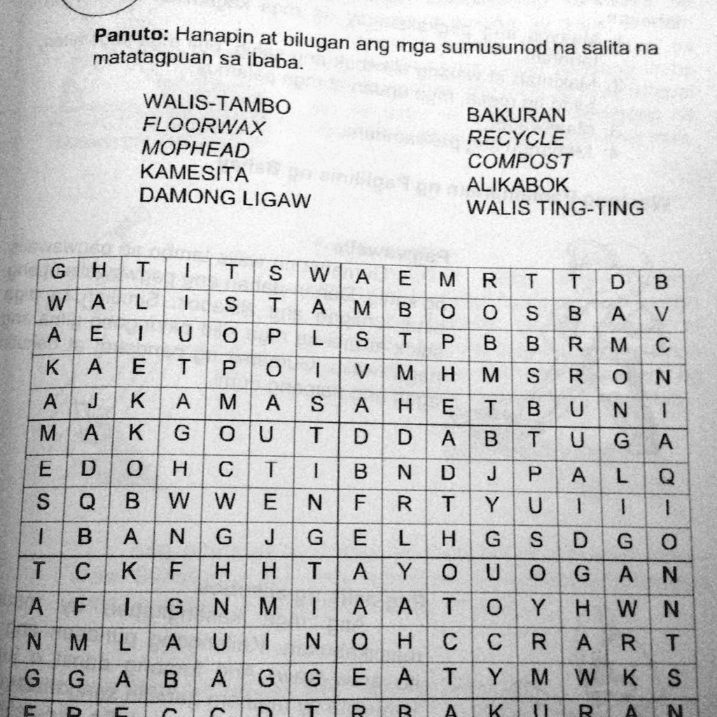 [GET ANSWER] Panuto: Hanapin at bilugan ang mga sumusunod na salita na ...
