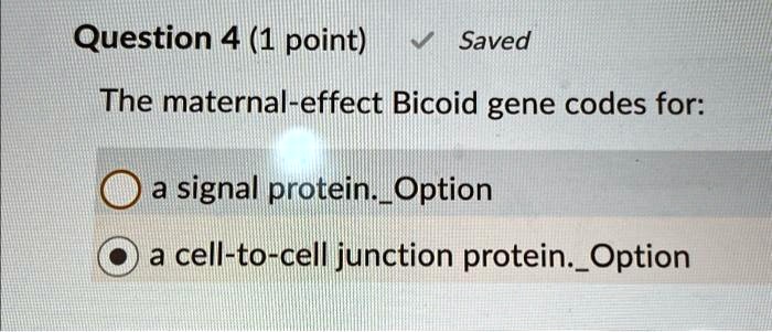 SOLVED: Question 4 (1 point) Saved The maternal-effect Bicoid gene ...