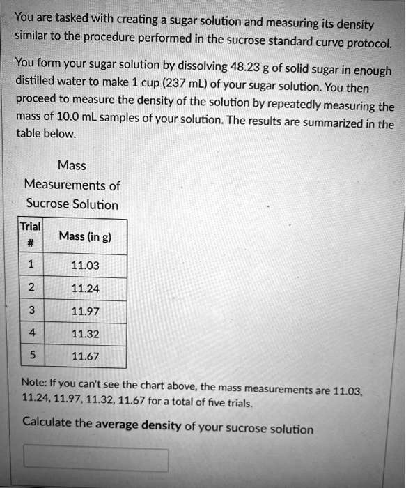 SOLVED: You are tasked with creating sugar solution and measuring its ...