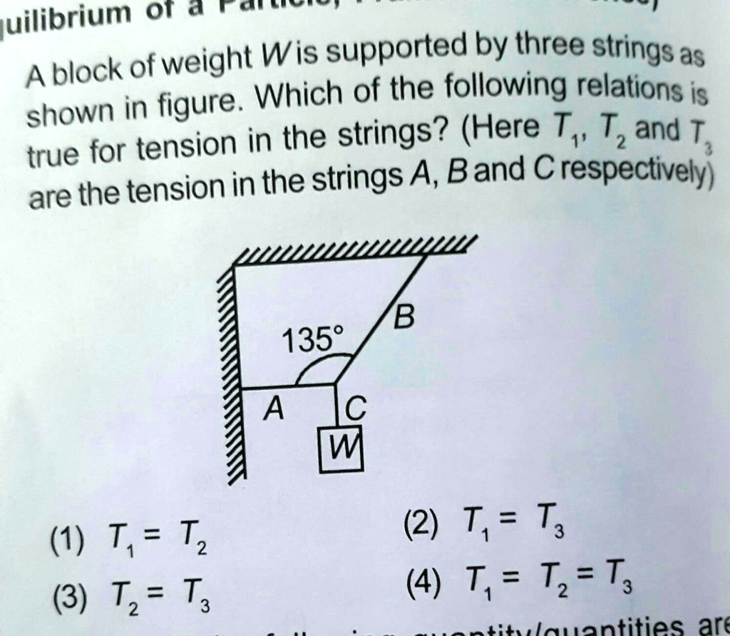 A block of weight W is supported by three strings as shown in figure. Which of the following ...