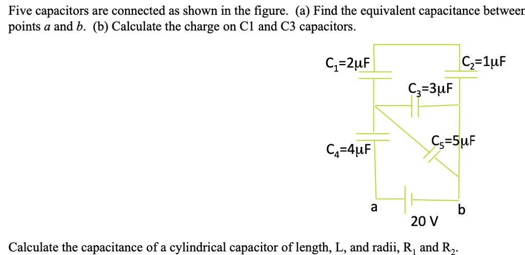 SOLVED: Five capacitors are connected as shown in the figure. (a) Find the equivalent ...