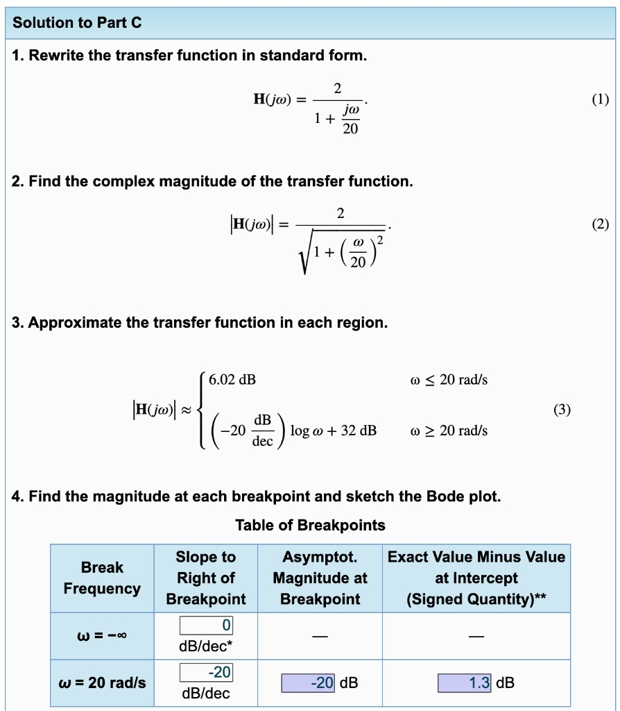 SOLVED: Solution to Part C 1. Rewrite the transfer function in standard form. 2 = (I)H / (ja + 1 ...
