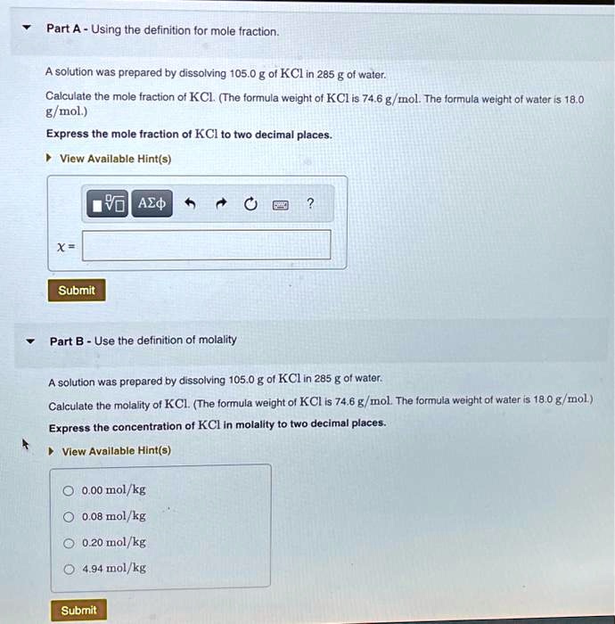 texts 12 part a using the definition for mole fraction a solution was ...