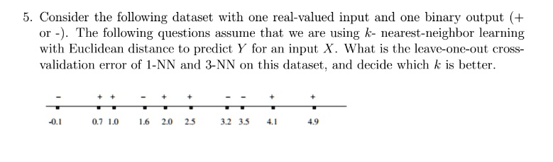 5. Consider the following dataset with one real-valued input and one binary output (+ or -). The ...