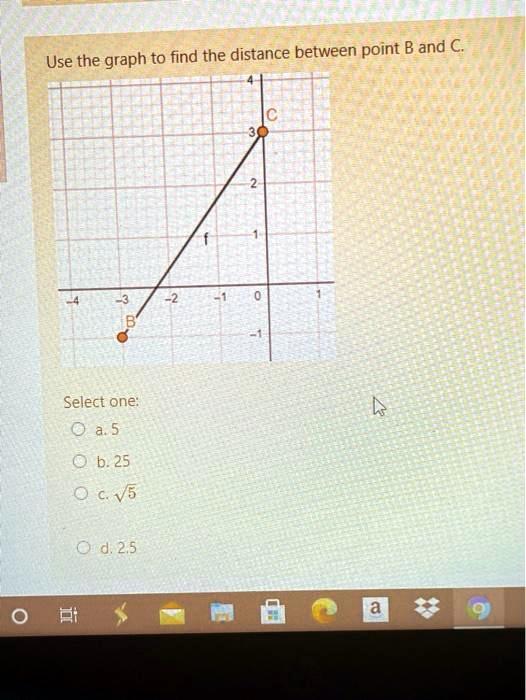 SOLVED: Use the graph to find the distance between point B and Select one: a 54 b: 25 Ord; 2,5