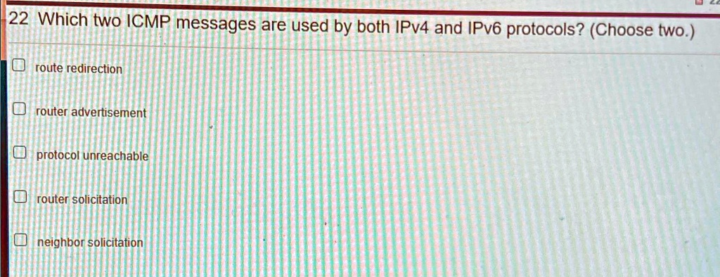 22 Which two ICMP messages are used by both IPv4 and IPv6 protocols ...