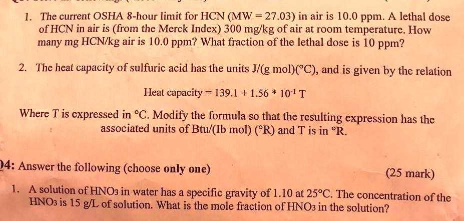 SOLVED: The current OSHA 8-hour limit for HCN (MW=27.03) in air is 10.0 ...