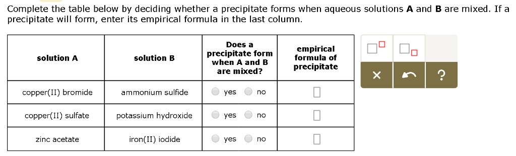 SOLVED: Text: Complete the table below by deciding whether a precipitate forms when aqueous ...