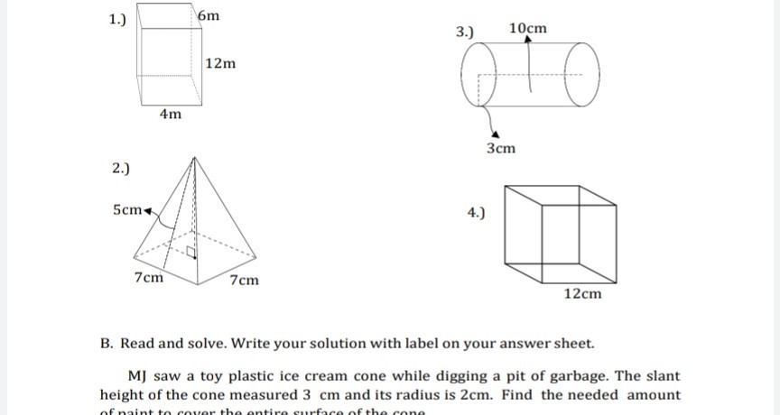 1.) 4.) B. Read and solve. Write your solution with label on your ...