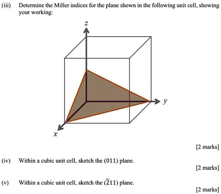 SOLVED: (iii) Determine the Miller indices for the plane shown in the following unit cell ...