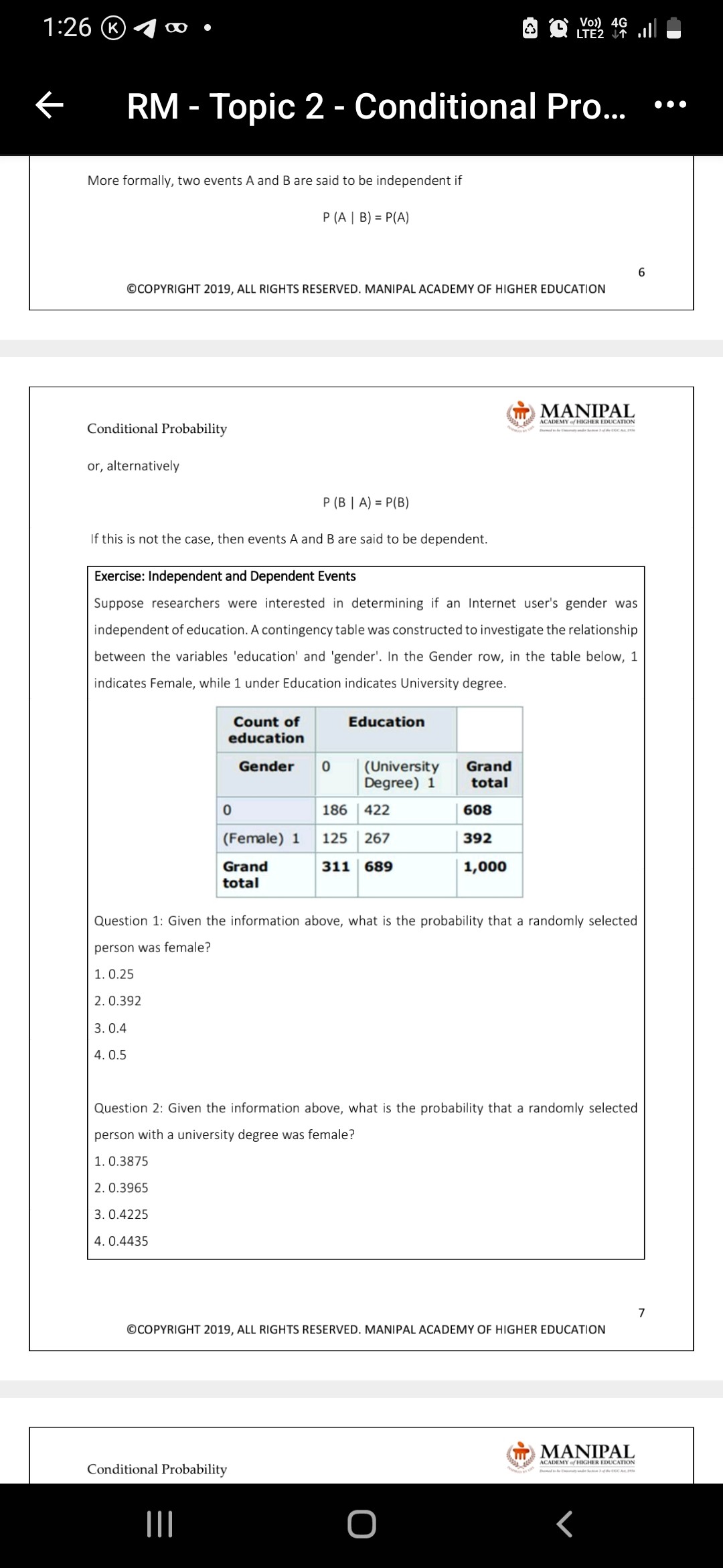 SOLVED: 1:26 (k) ∞ LTE) 4 G, il RM - Topic 2 - Conditional Pro... More formally, two events A ...