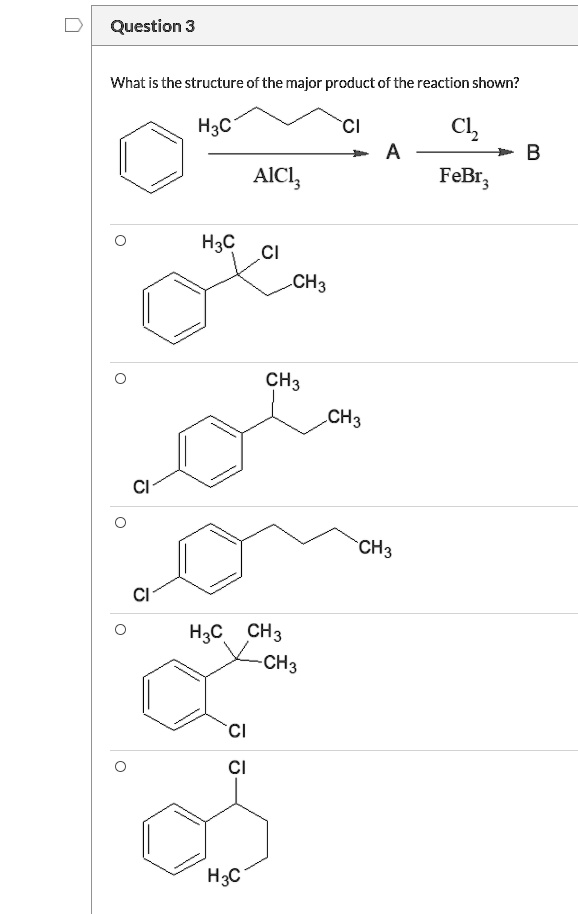 SOLVED: What is the structure of the major product of the reaction shown? H3C Cl C1 AICl3 FeBr3 ...