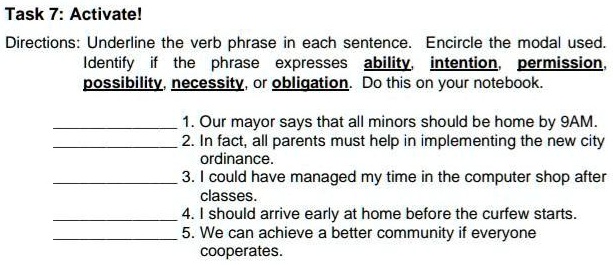 SOLVED: Task 7: Activate Directions: Underline the verb phrase in each ...