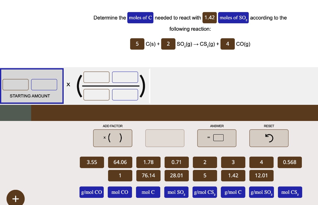 Determine the moles of C needed to react with 1.42 moles of SO2 according to the following ...