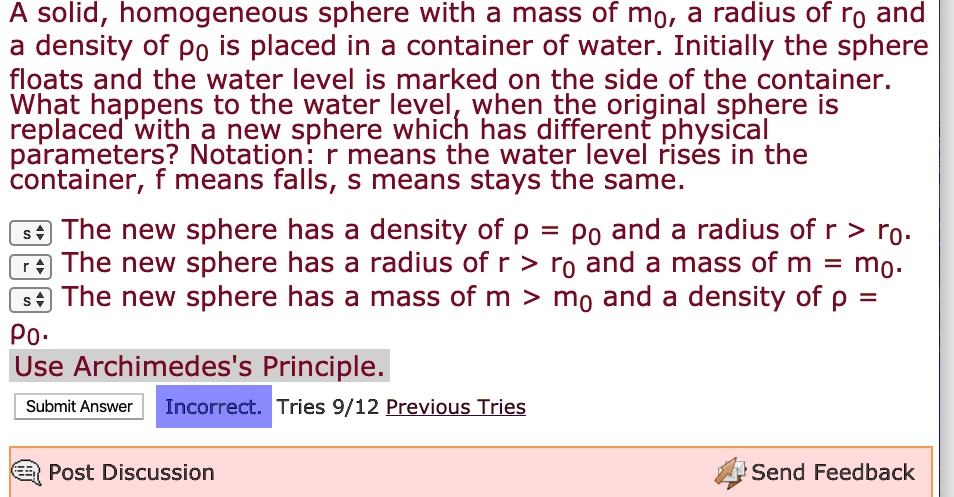 a solid homogeneous sphere with mass of mo radius of ro and density of ...