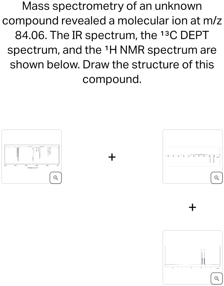Mass spectrometry of an unknown compound revealed a molecular ion at m/z 84.06. The IR spectrum ...