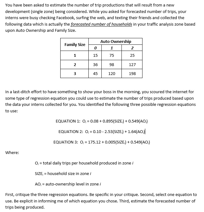 you have been asked to estimate the number of trip productions that ...