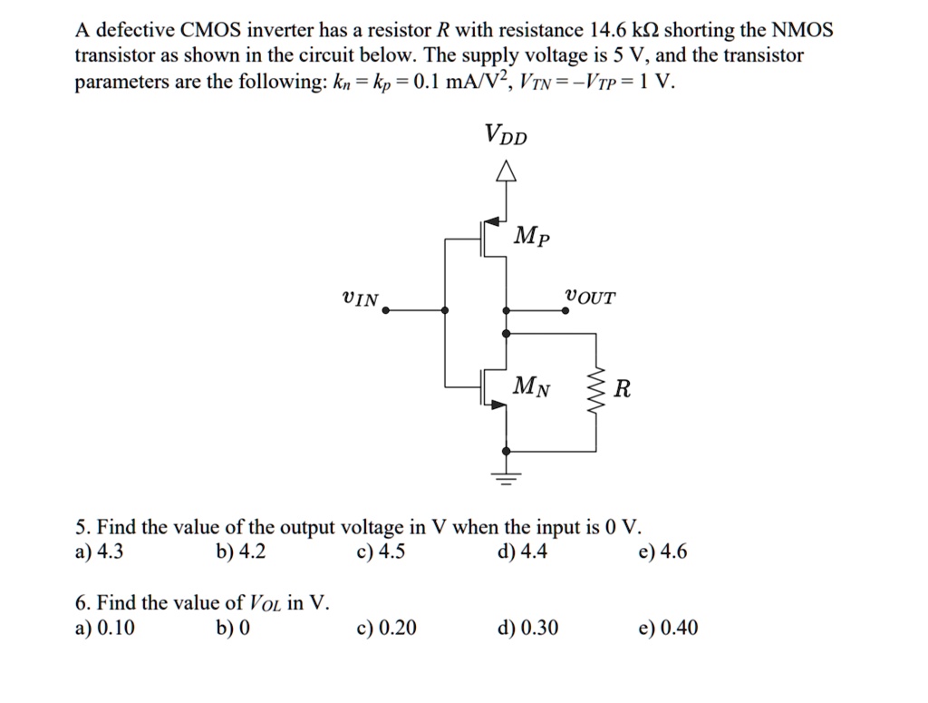 A defective CMOS inverter has a resistor R with resistance 14.6 kΩ ...