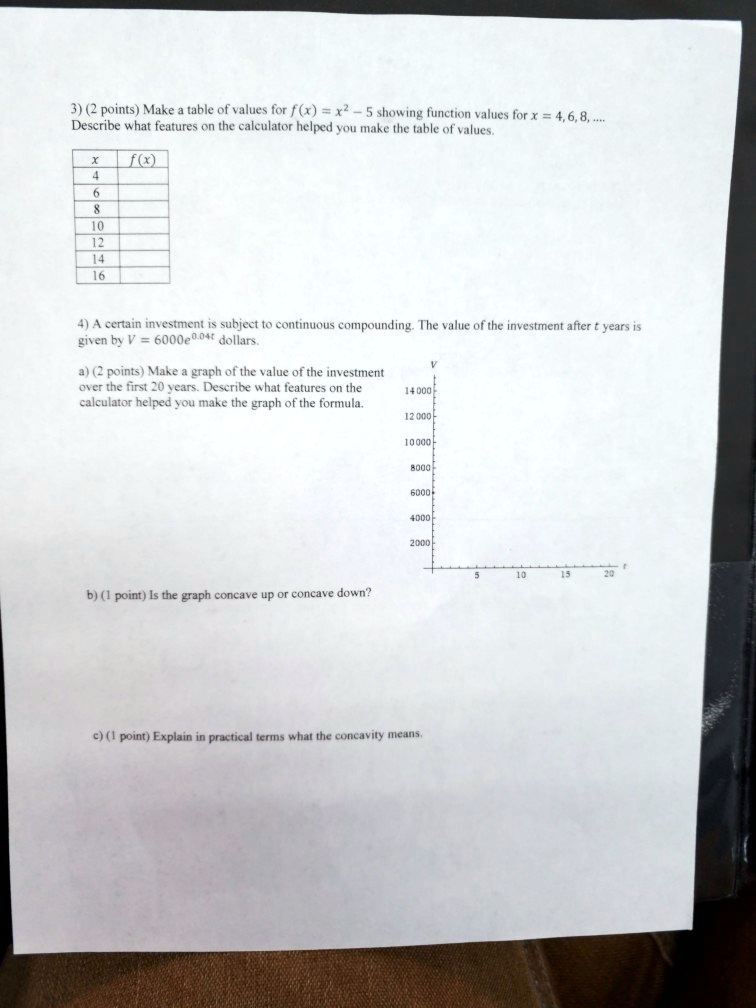 SOLVED: 5) (2 points) Make table of values for f (x) show Ing function values for x = 4,6,8 ...