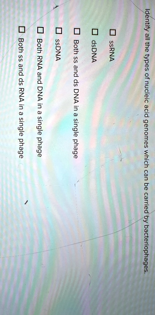 Identify all the types of nucleic acid genomes which can be carried by bacteriophages. ? ssRNA ...