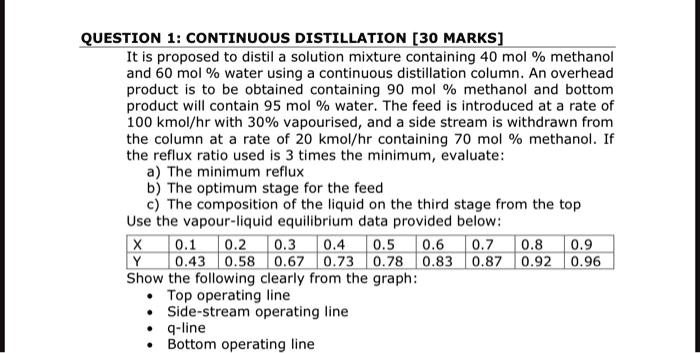 SOLVED: QUESTION 1: CONTINUOUS DISTILLATION [30 MARKS] It is proposed ...
