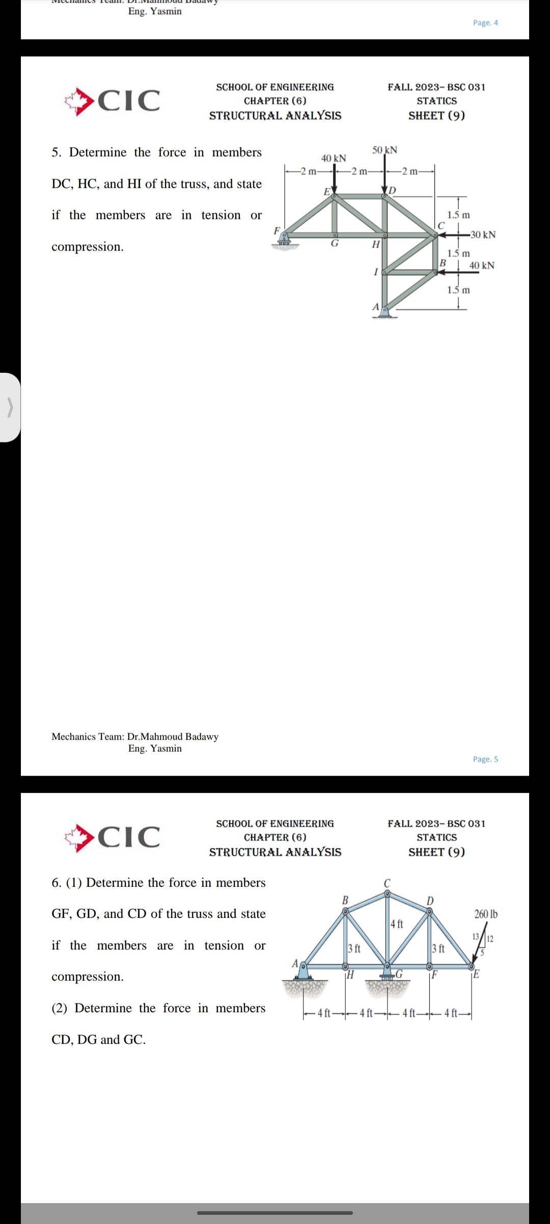 Eng. Yasmin Page. 4 →CIC SCHOOL OF ENGINEERING FALL 2023-BSC 031 CHAPTER (6) STATICS STRUCTURAL ...