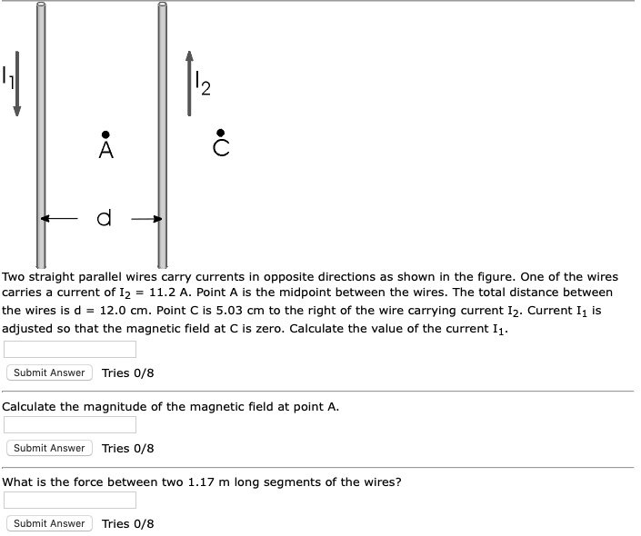 a two straight parallel wires carry currents in opposite directions as ...