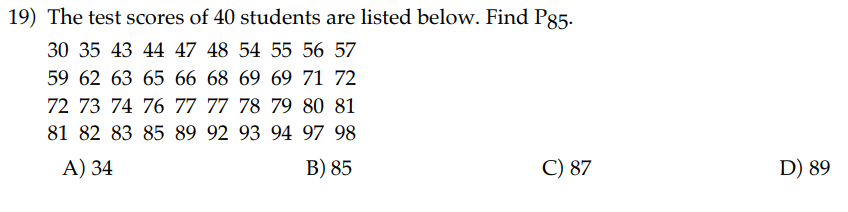 SOLVED: 19) The test scores of 40 students are listed below. Find P85 ...