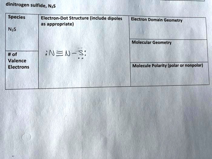 SOLVED: Dinitrogen sulfide (N2S) Species Electron-Dot Structure ...