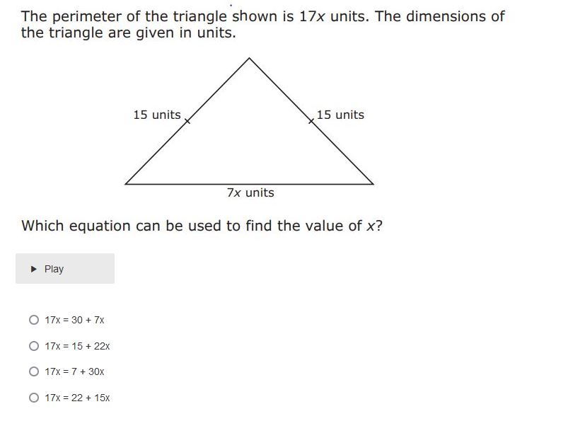 The perimeter of the triangle shown is 17 x units. The dimensions of ...