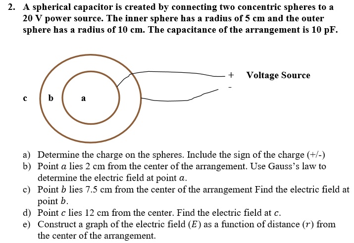 SOLVED: spherical capacitor is created by connecting two concentric spheres to a 20 V power ...