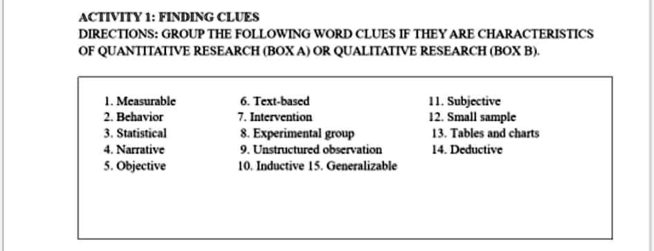 ACTIVITY 1: FINDING CLUES DIRECTIONS: GROUP THE FOLLOWING WORD CLUES IF ...