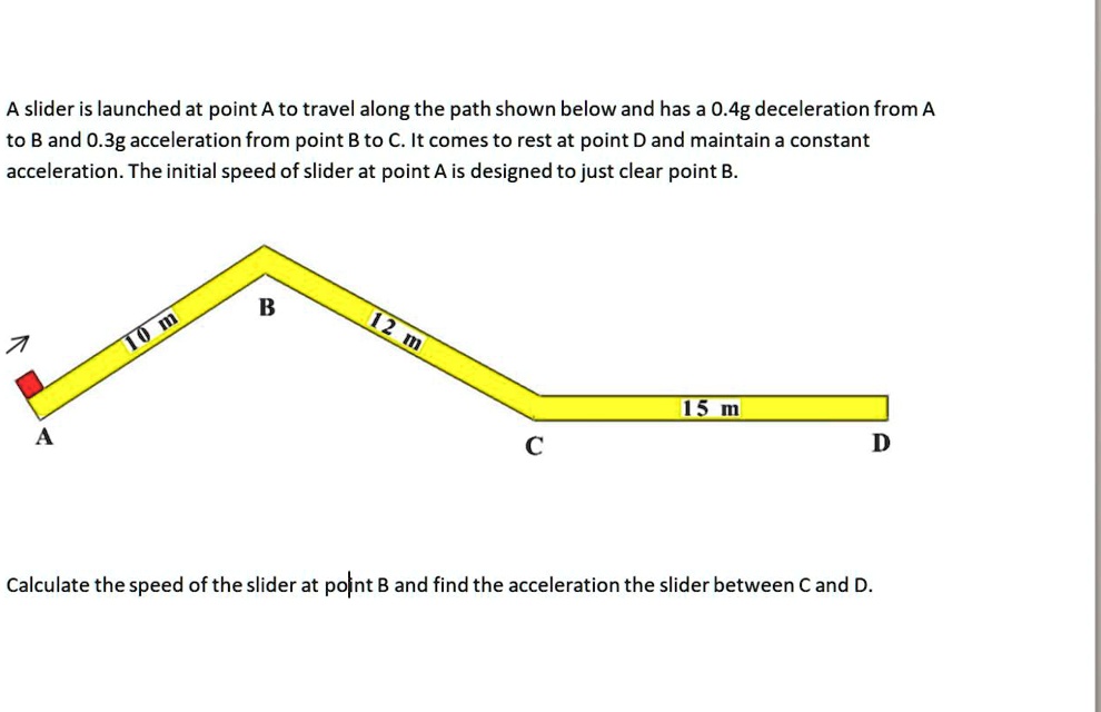 A slider is launched at point A to travel along the path shown below and has a 0.4g deceleration ...