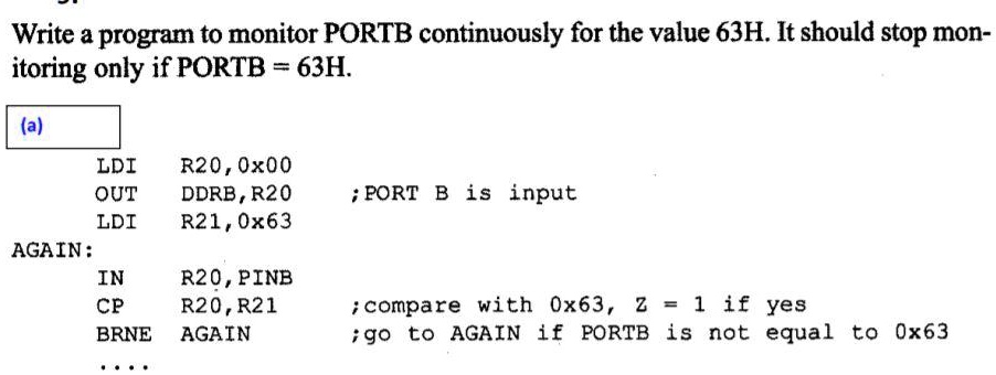 Solved Write A Program To Monitor Portb Continuously For The Value 63h It Should Stop Mon 