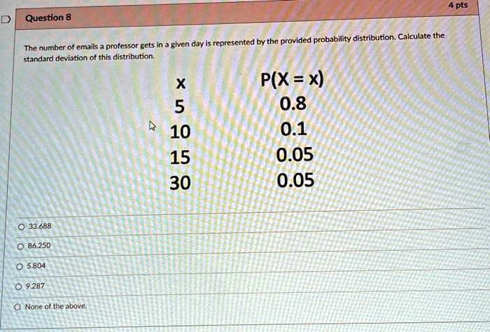 SOLVED: Texts: 4pts Question 8: The number of emails a professor gets in a given day is ...