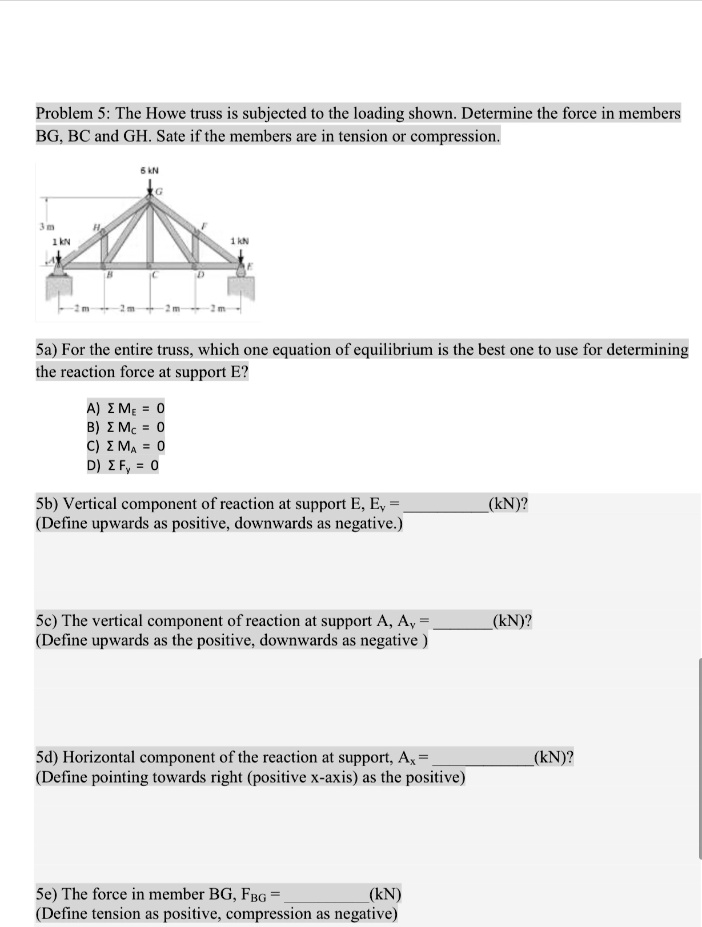 Problem 5: The Howe truss is subjected to the loading shown. Determine ...