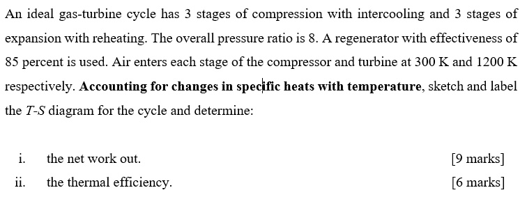 An ideal gas-turbine cycle has 3 stages of compression with ...