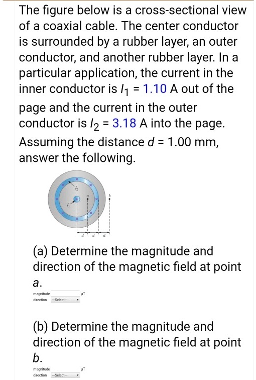 SOLVED: The figure below is a cross-sectional view of a coaxial cable. The center conductor is ...