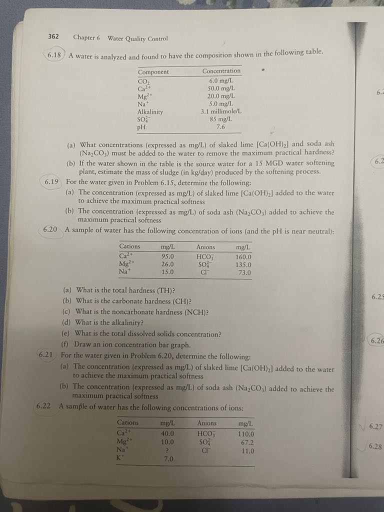 362 Chapter 6 Water Quality Control 6.18 A water is analyzed and found to have the composition ...