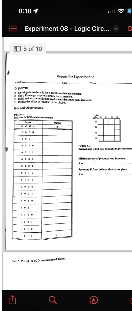 8:18 Experiment 08 - Logic Circ... 5 of 10 Name: Objectives: Report for ...