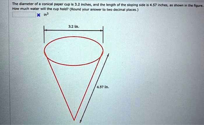 SOLVED: The diameter of conical paper cup Is 3.2 inches, and the length ...