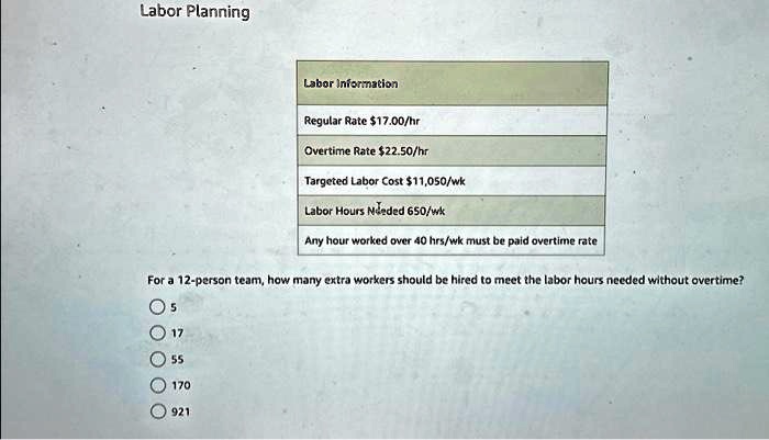 Labor Planning Labor Information Regular Rate 17.00/hr Overtime Rate22 ...