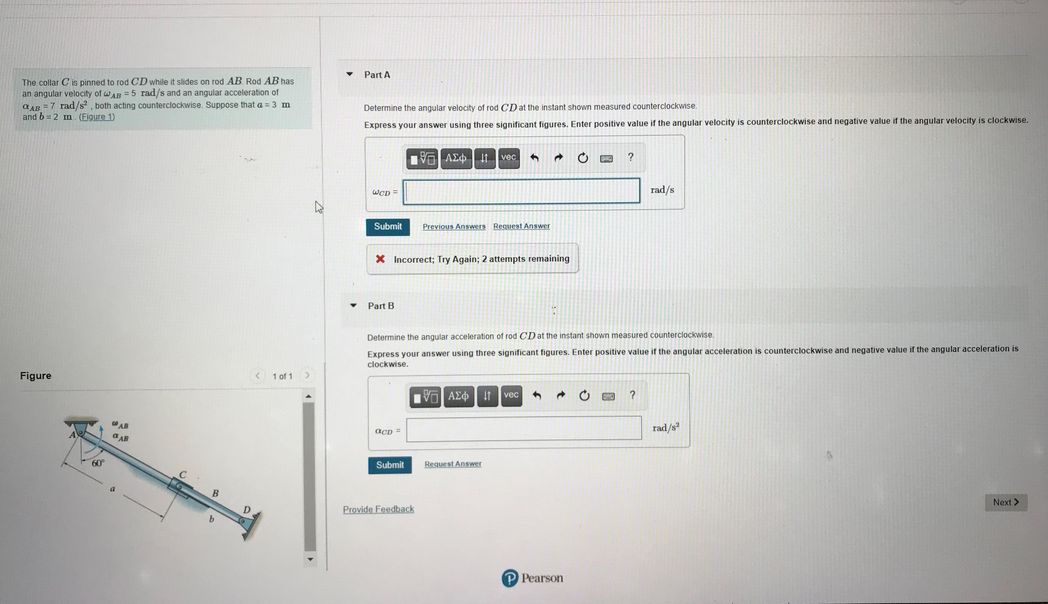 determine the angular velocity of rod cd at the instant shown measured counterclockwise ...