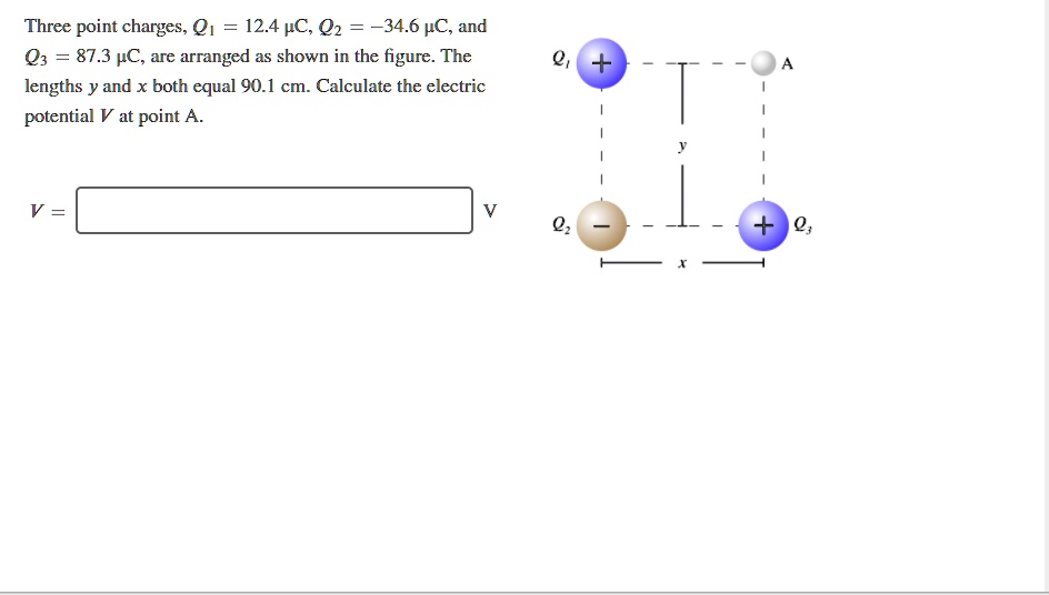 SOLVED: Three point charges, Q1 12.4 pC, Q2 34.6 pC, and Q3 87.3 HC, are arranged as shown in ...
