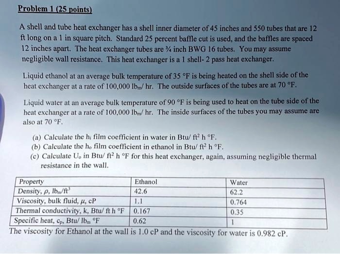 SOLVED: Problem 1(25 points) A shell and tube heat exchanger has a shell inner diameter of 45 ...