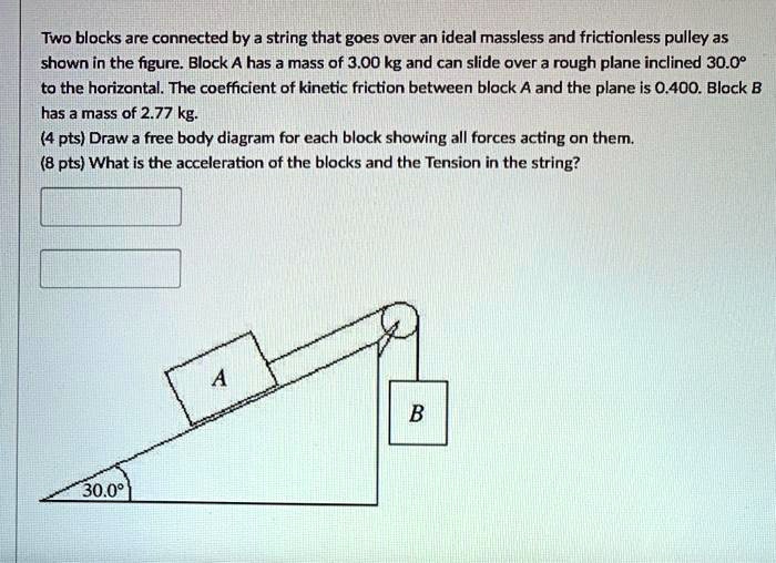 SOLVED: Two blocks are connected by string that goes over an ideal massless and frictionless ...